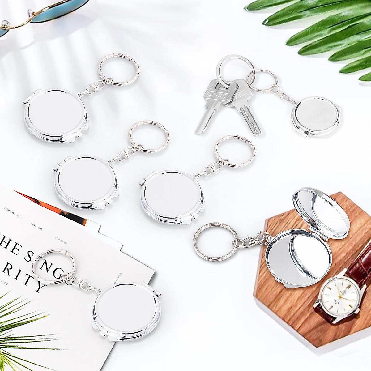 6 Pcs Round Mirror Keychain Compact Double Sided Folding Key Chain Pendant Small Hand Held Mirror with Keyring for Women Girls