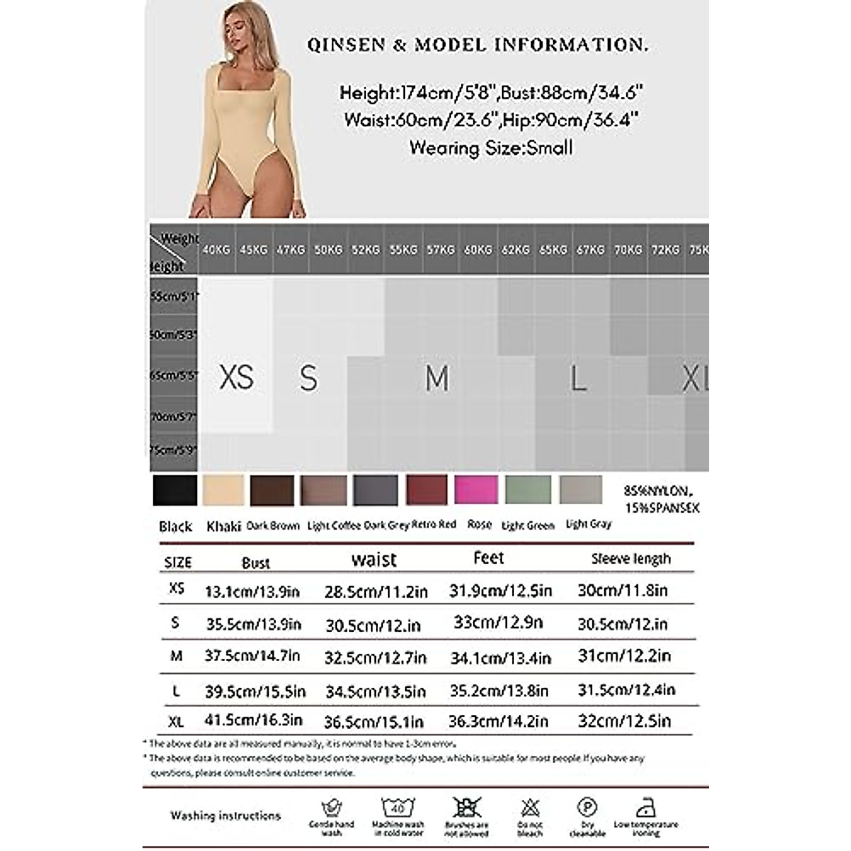 QINSEN Bodysuit Shirts for Women Square Neck Long Sleeve Shirt Double Lined Tops Marzipan M