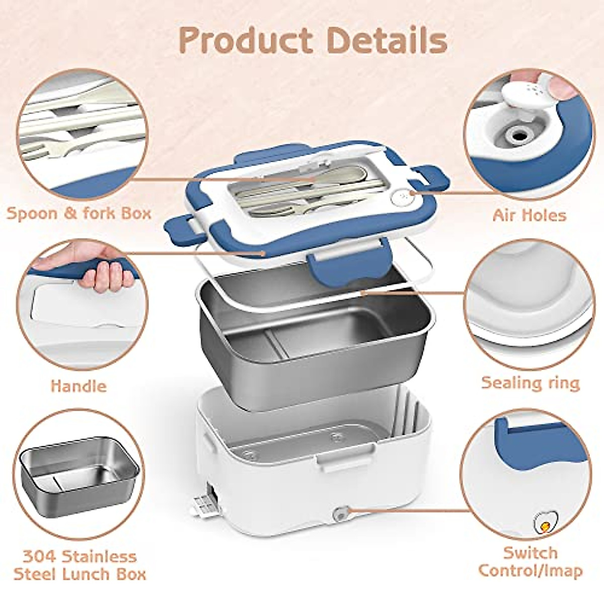 Electric Lunch Box Food Heater - 2-In-1 Portable Food Warmer Lunch Box for Car & Home – Leak proof, 2 Compartments, Carry Bag, removable 304 Stainless Steel Container