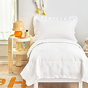 4 Pieces White Toddler Bedding Set with Ruffle Fringe, Solid Color Toddler Bed Set - 1 Toddler Comforter + 1 Fitted Sheet +1 Flat Sheet +1 Pillowcase for Baby Boys and Girls