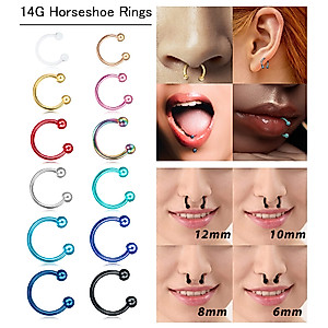 Sanfenly 48Pcs 14G Stainless Steel Horseshoe Nose Septum Rings Piercing Jewelry Cartilage Helix Tragus Earring Hoop Eyebrow Lip Hoop Piercing Ring for Women Men 6mm 8mm 10mm 12mm