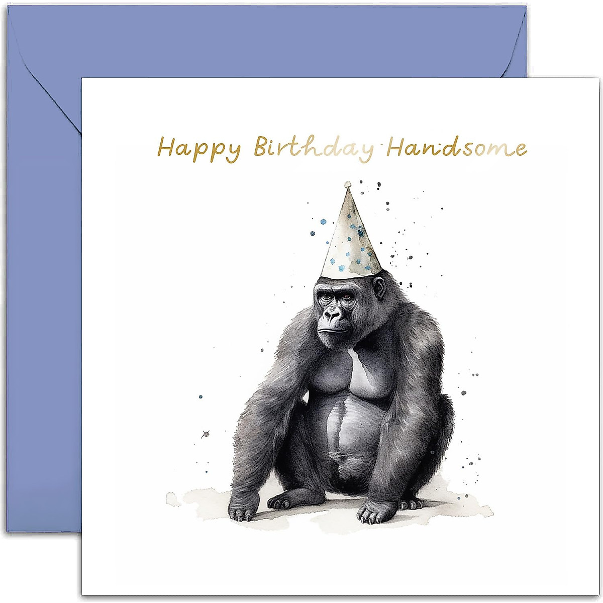 Old English Co. Happy Birthday Handsome Card for Him - Funyn Gorilla Party Hat Birthday Card for Dad, Son, Grandad, Nephew, Brother - Gold Foil Birthday Card for Men | Blank Inside with Envelope