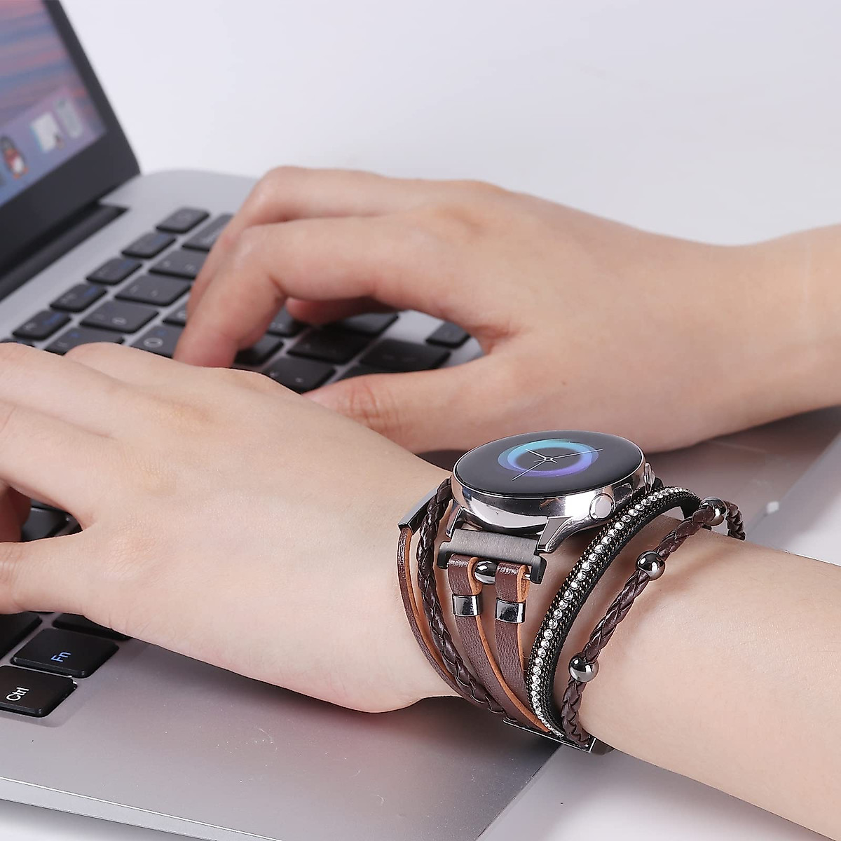 Posh Leather Bands Compatible with Samsung Galaxy Watch 7 6 5 4 40mm 44mm/Watch 6 4 Classic Band 42mm 46mm 43mm 47mm/Galaxy Watch 5 Pro Band 45mm/Active 2, 20mm Boho Bracelet Handmade Strap for Women (Brown Black)