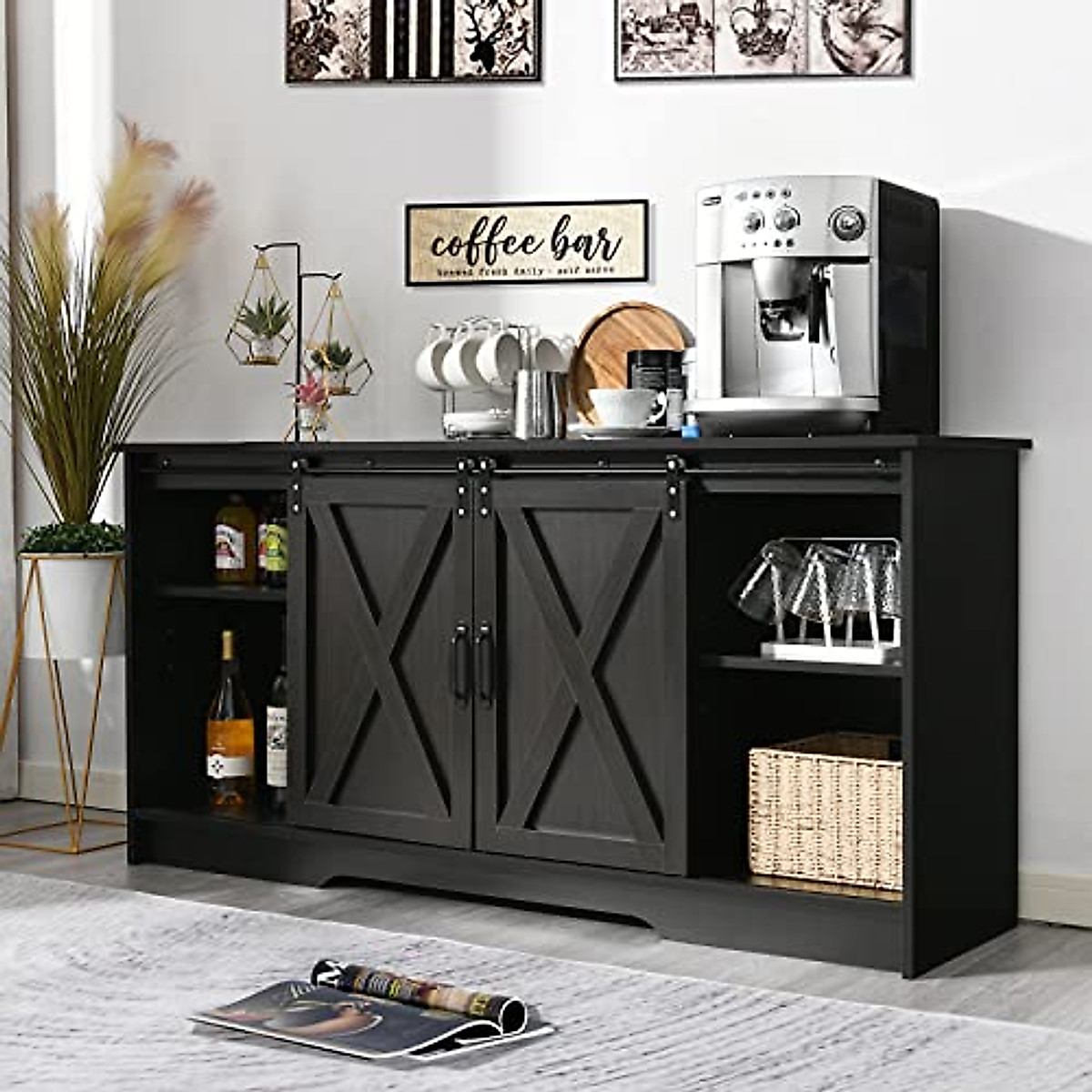 4 EVER WINNER Buffet Cabinet with Storage, 60” Kitchen Sideboard Cabinet with Sliding Barn Doors, Farmhouse Coffee Bar Cabinet Black Buffet Server Cabinet for Living Room Dinning Room, Espresso