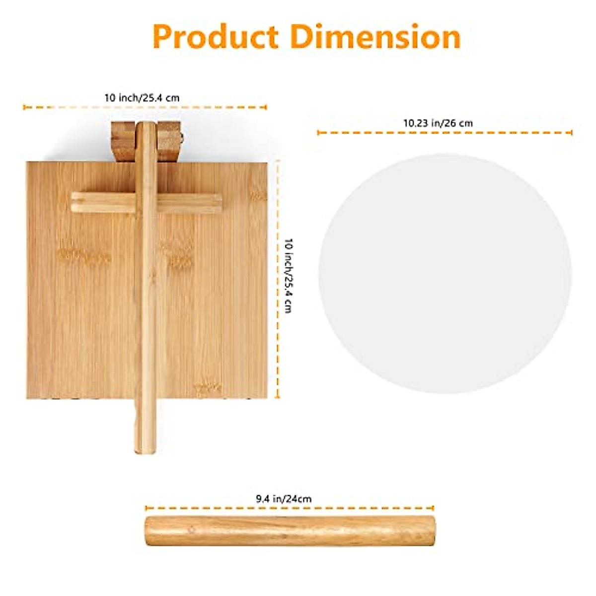 Tortilla Press 10 Inch Roti Maker Large Bamboo Wood Tortilla Press with Rolling Pin &100 Pcs Parchment Paper Quesadilla Maker for Homemade Tortilla, Roti.
