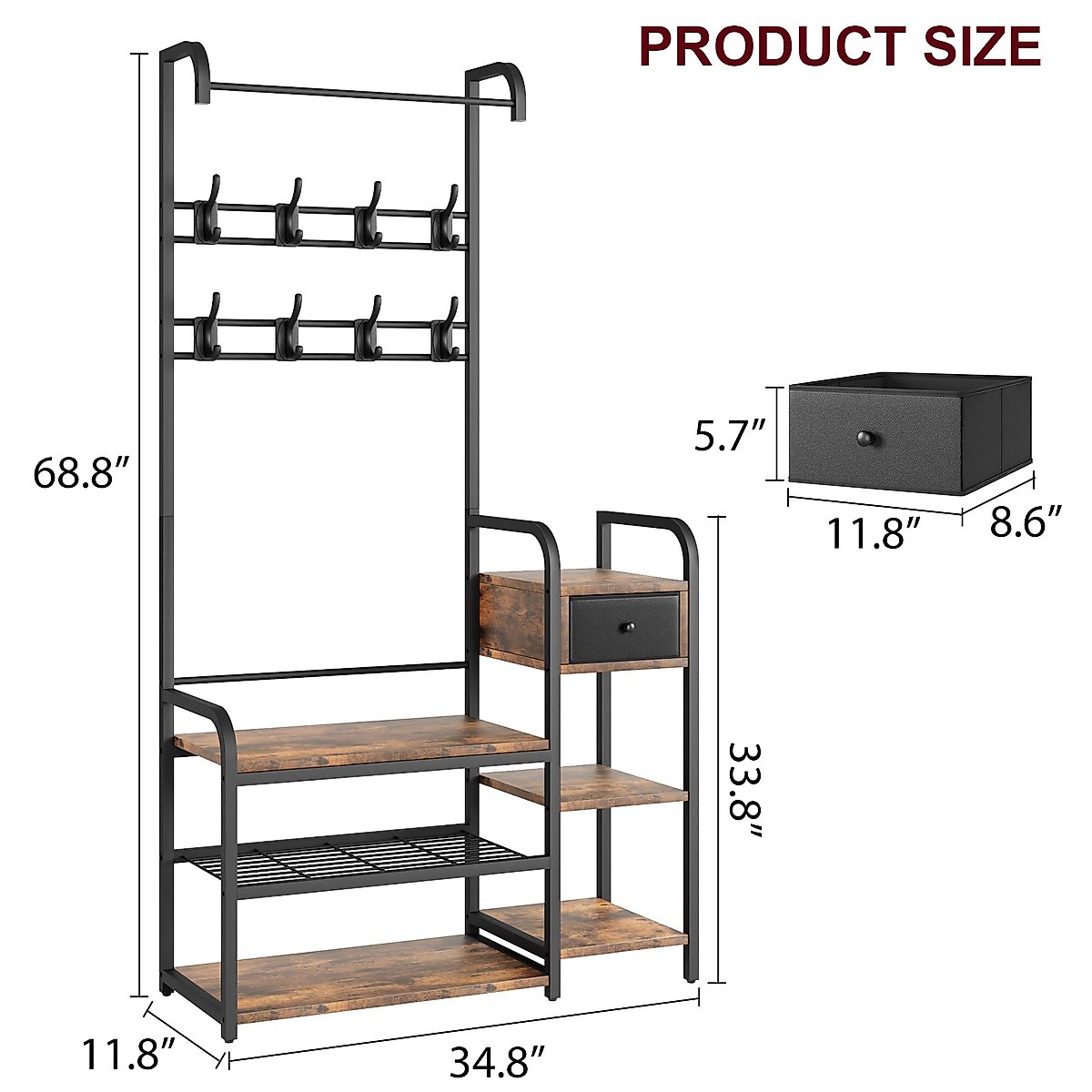 IDEALHOUSE Hall Tree Storage Bench for Entryway, Coat Rack Shoe Bench with Storage Drawer, 5-in-1 Coat Rack Storage Shelf and 8 Hooks, Coat Tree for Small Spaces, Entryway, Bedroom, Rustic Brown
