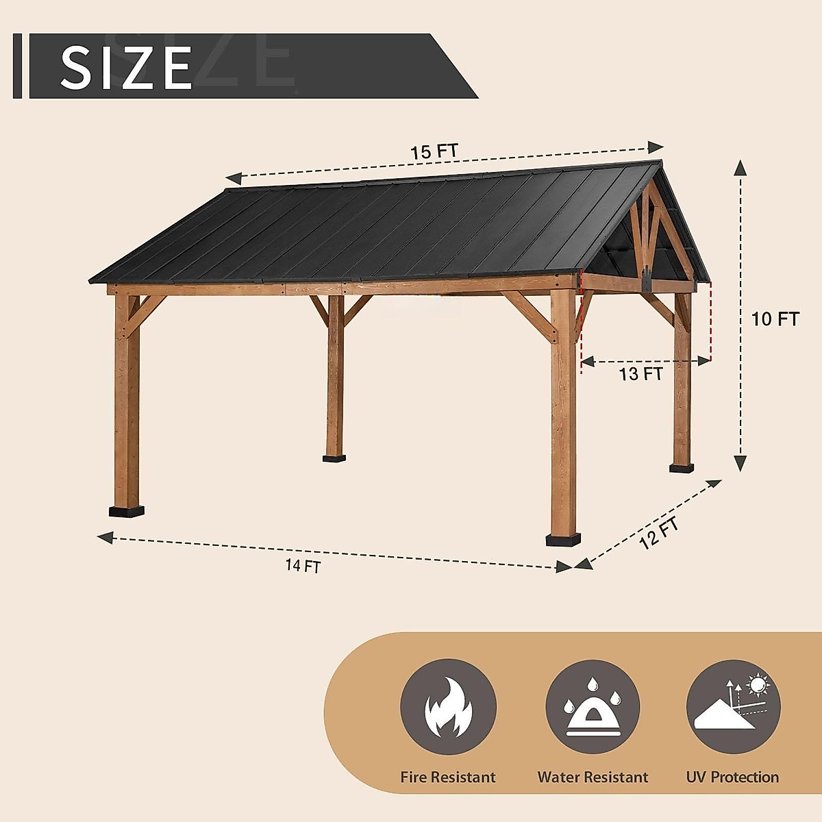 Meetleisure 13' x 15' Wood Gazebo Outdoor Gazebo Spruce Wood Framed Gazebo with Slope-Design Hardtop Roof for Garden, Patio, Lawns, Parties