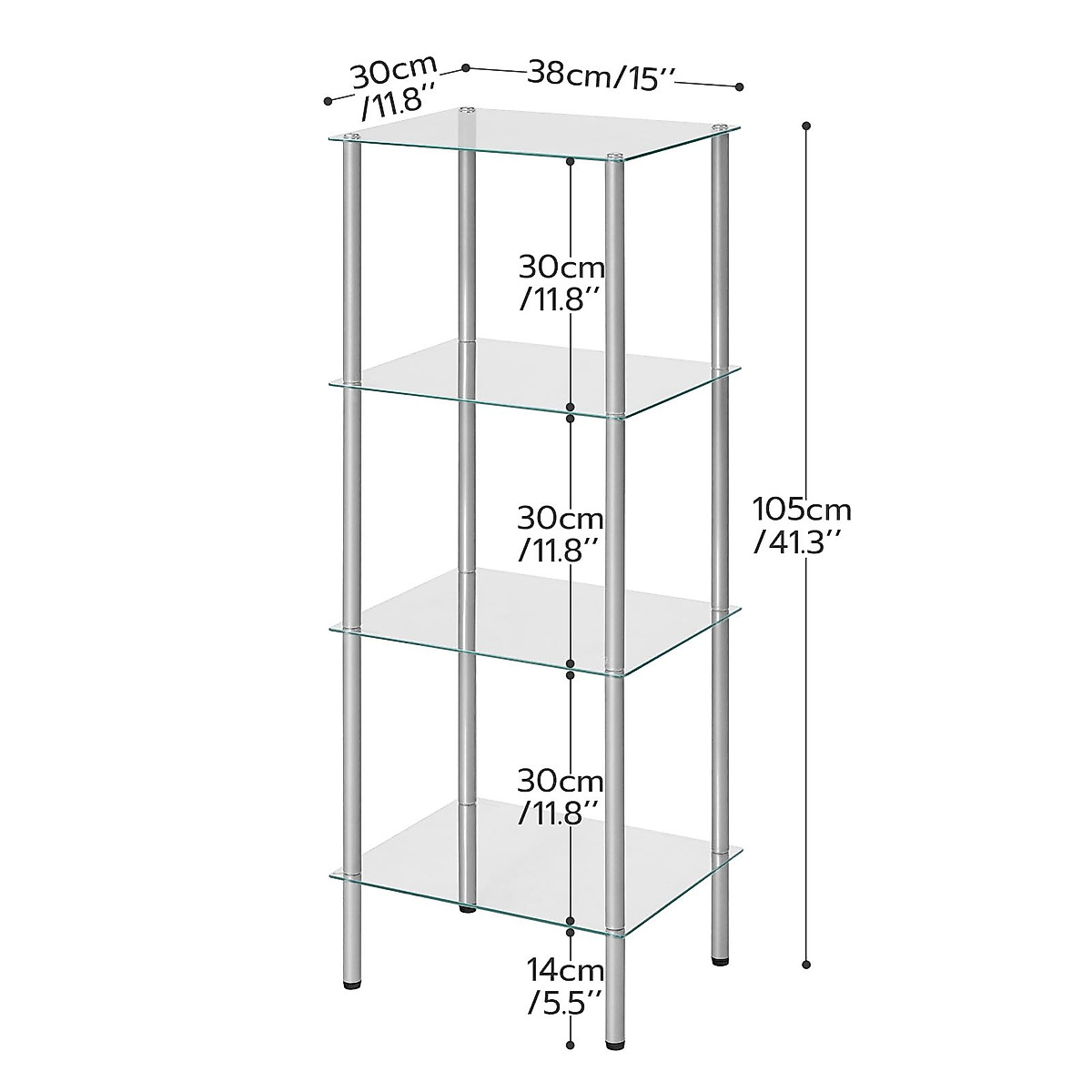 HOOBRO Glass Shelf, 4 Tier Standing Shelf Unit, Durable Glass Shelving Stand for Small Space, Space-Saving, for Bathroom, Bedroom, Home Office, Tempered Glass, Steel Frame, Silver SV04CJ01