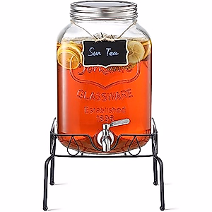 2 Gallon Glass Beverage Dispenser with Stand and Lid, 18/8 Stainless Steel Spigot - Glass Drink Dispensers for Parties - Mason Jar Drink Dispensers with Lids