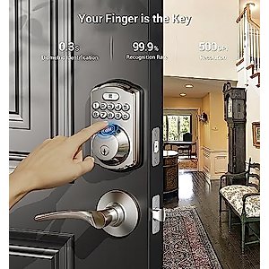 Veise Fingerprint Door Lock with 2 Lever Handles - Keyless Entry Door Lock, Electronic Keypad Deadbolt & Front Door Lock Handle Sets, Auto Lock & 1 Touch Locking, Easy Installation, Satin Nickel