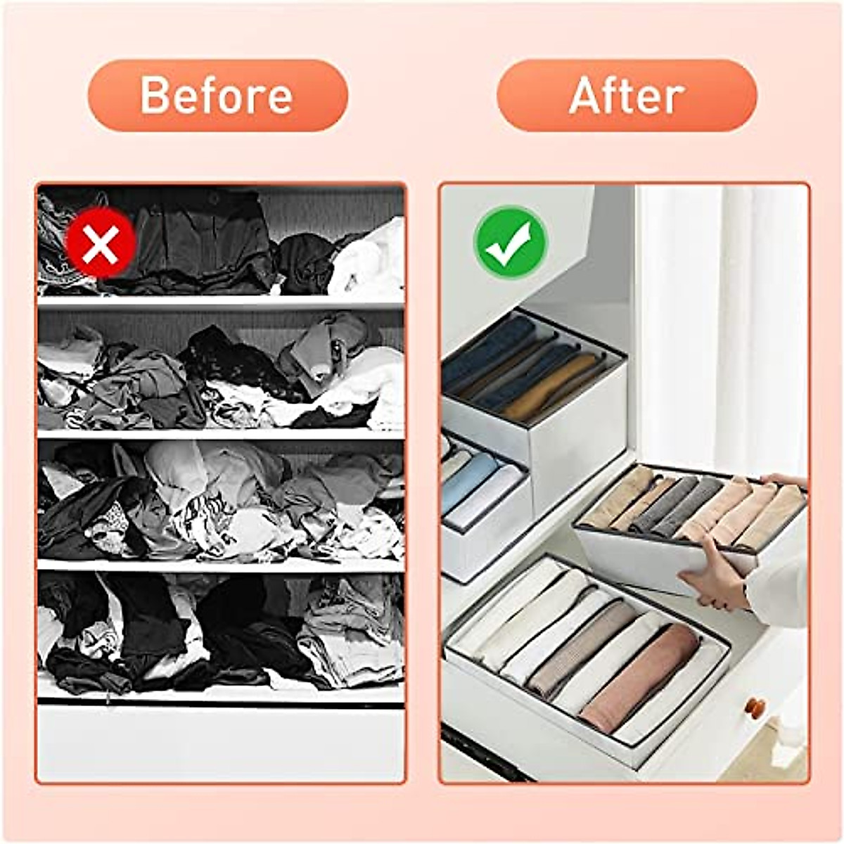 Wardrobe Clothes Organizer for Drawers, New Version Foldable Cube Organizers for/Wardrobe/Closet/Drawer, Sturdy Fabric Storage Basket Cube with Built-in Boards, Closet Organizers,Grey