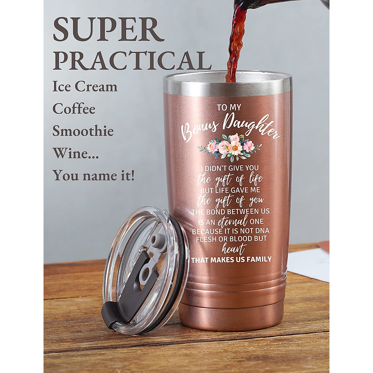 Onebttl Bonus Daughter Gifts, Gifts for Bonus Daughter on Birthday, Christmas or Thanksgiving, 20oz Stainless Steel Travel Mug with Lid and Straw Rose Gold - To My Bonus Daughter