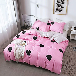 Erosebridal Girls Pink Comforter Cover Queen Black Love Pattern Girly Bedding Set for Kids Child Teens Cartoon Lightweight Grey Reversible Duvet Cover Soft Microfiber Bedclothes Fashion Room Decor