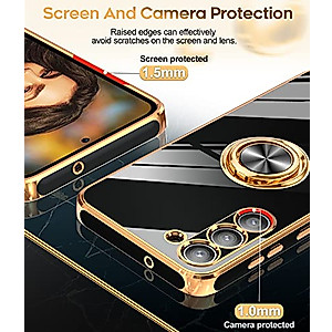 LeYi for Samsung Galaxy S23 Case 360° Rotatable Ring Holder Magnetic Kickstand, Plating Rose Gold Edge Protective Case, Black