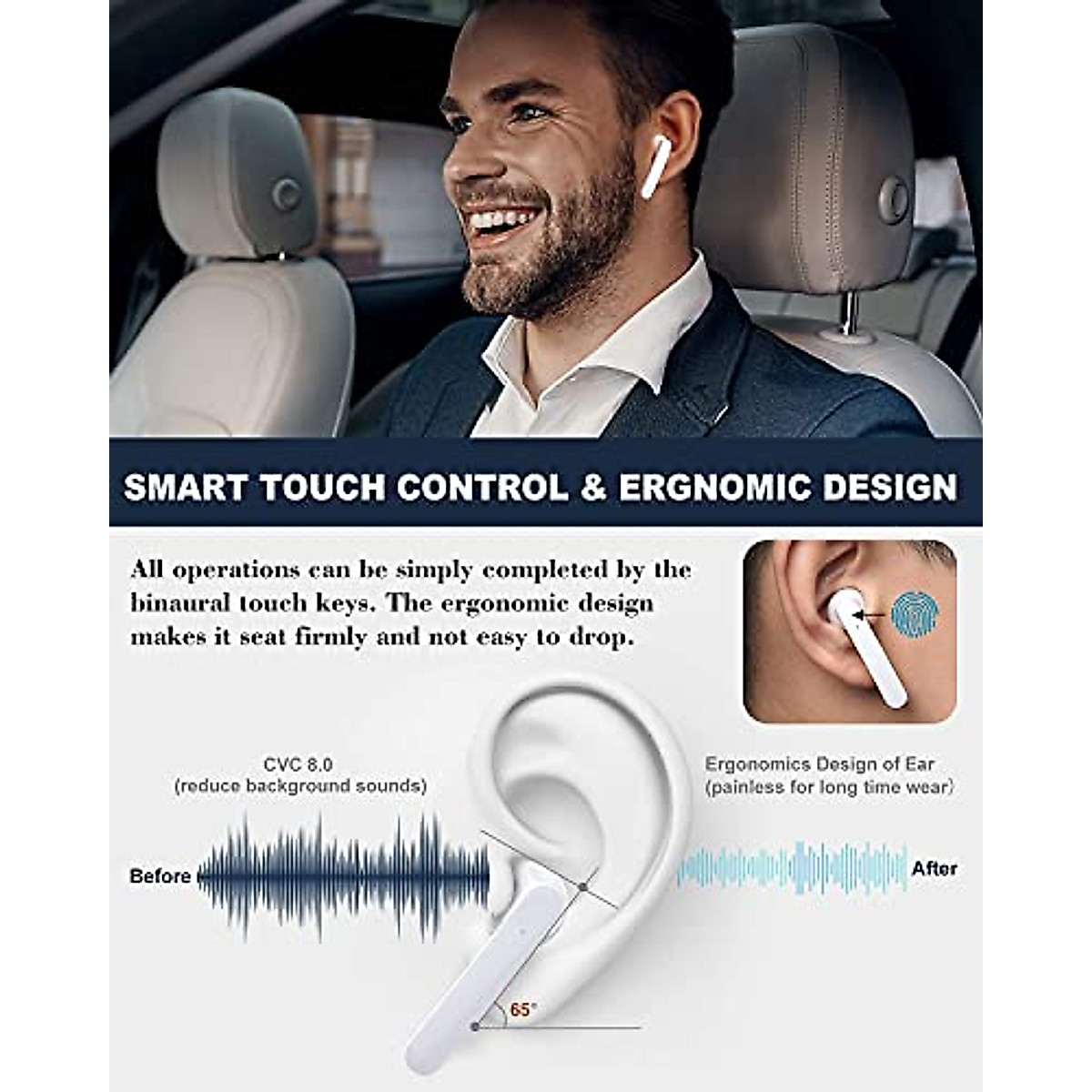 Touch Control True Wireless Earbuds, REEHM IPX7 Waterproof Bluetooth 5.0 Wireless Headphones with Microphone Charging Case 40H Playtime in-Ear Hi-Fi Stereo Sound TWS Earphones Headset for Sport(Touch)