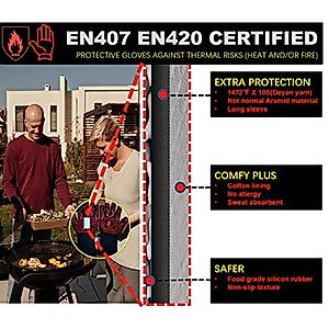 BBQ gloves, 1472°F, EN407 Certified. Extreme Heat Resistant, Long Sleeve, Anti-slip, Sweat Absorption, Comfier Easier and Safer for Grilling, barbecue, smoking, Cooking, Baking, pot holding.