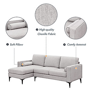 Prohon 86" L Shaped Modern Chenille Convertible Sectional Reversible Chaise Lounge and 2 Round Pillows, 4-Seat Couches Upholstered Small Space Sofas for Living Room, Apartment,Grey