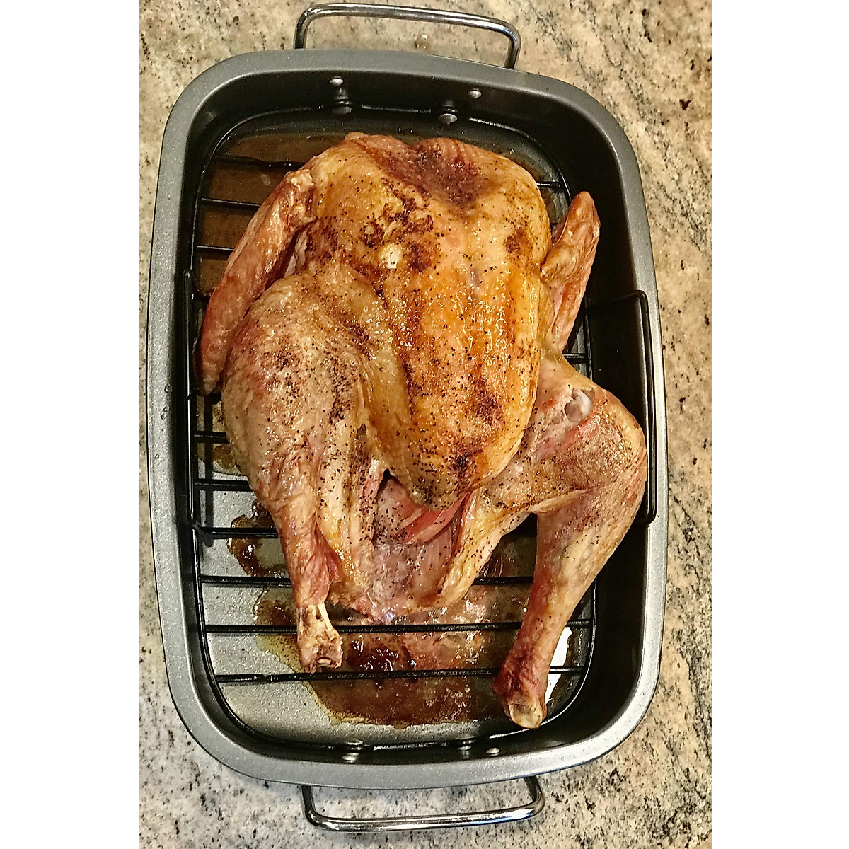 Heavy Gauge, Carbonized Steel, Commercial Kitchen Grade Non-Stick Roaster with Floating Rack for 22 lb Turkey by EuroHome