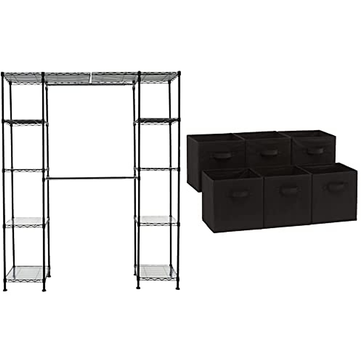 Amazon Basics Expandable Metal Hanging Storage Organizer Rack Wardrobe with Shelves, 14"-63" x 58"-72", Black & Amazon Basics Collapsible Fabric Storage Cubes Organizer with Handles, Black - Pack of 6