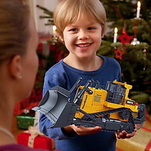 fisca Remote Control Bulldozer RC 1/16 Full Functional Construction Vehicle, 2.4Ghz 11 Channel Dozer Front Loader Toy with Light and Sound for Kids Age 6, 7, 8, 9, 10 and Up Years Old