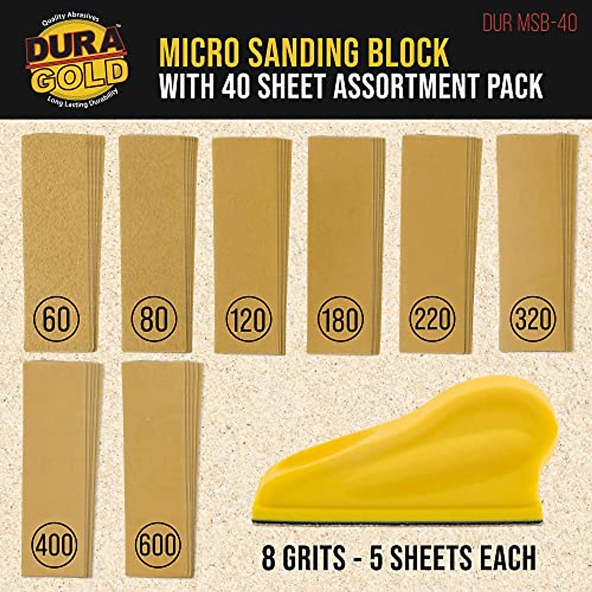 Dura-Gold Micro Hand Sanding Block Kit, 3.5” x 1” Pad, Hook & Loop Backing, 40 Sandpaper Sheets, 5 Each 60, 80, 120, 180, 220, 320, 400, 600 Grit - Wood Woodworking, Small Detail Finishing Sander