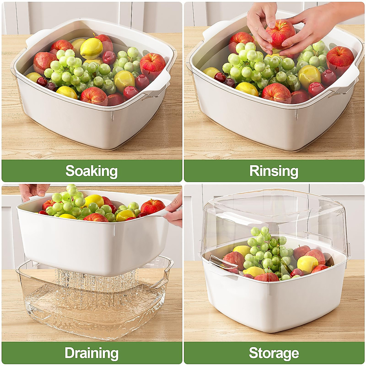 MSHOMELY 6PCS Colander Bowl Kitchen Strainer for Fruit and Vegetable Wash, Food Strainers for Kitchen Plastic Fruit Wash Colander, Strainer and Bowl Set, White-Clear