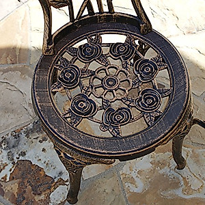 BISTRO SET OUTDOOR PATIO FURNITURE 3 PIECE ROSE PATTERN BROWN ANTIQUE BRONZE FINISH CAST IRON & ALUMINUM