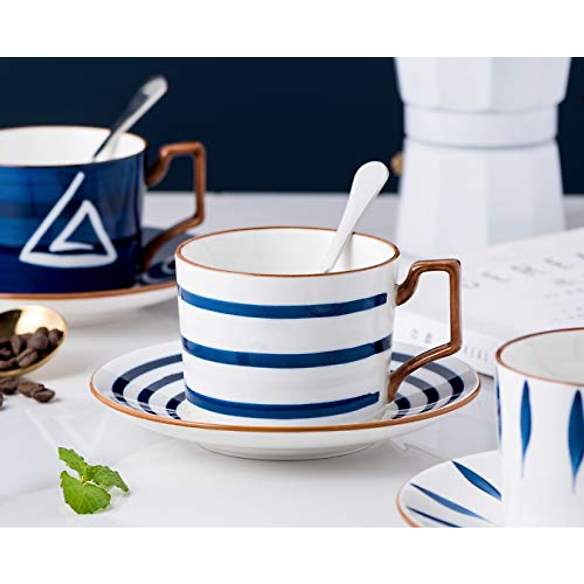 Jusalpha Japanese style hand printed- 7oz Fine China Tea Cup/Coffee Cup With Spoon and Tray/Saucer Set, Tableware, Serve of 4, TCS25