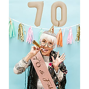 70th Birthday Gifts for Women - 70th Birthday Decorations Women Includes Birthday 3D Pop Up Card,Tiara Crown,Sash,Cake Toppers,Balloons,Candles with Gift Box