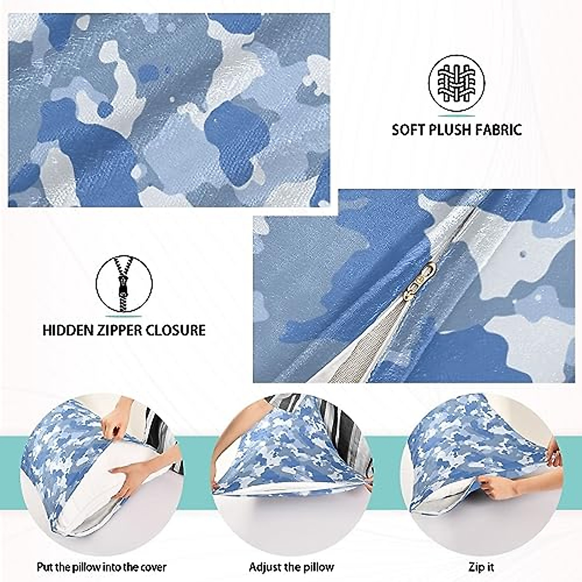Blue Navy Camo Pillow Cases King Size Breathable Skin-Friendly Velvet Pillow Covers Soft Cozy Pillowcase for Bed Bedroom Sofa Couch Home Decor