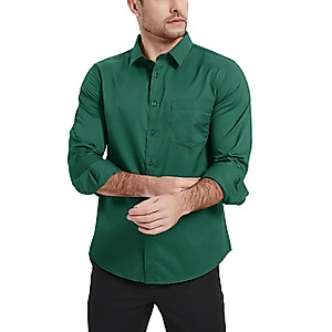 MAGCOMSEN Men's Dress Shirts Long Sleeve Button Up Shirt with Pocket Fitted Formal Business Wear Solid Cotton Fashion Shirts Dark Green, L