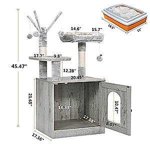 BEWISHOME Cat Litter Box Enclosure All-in-one Cat Tree with Litter Box Furniture Hidden Cat Tower with Plush Perch Scratching Posts Modern MMJ82Q