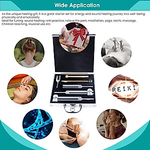 4Pcs Tuning Fork Medical Sound Healing Set(128Hz, OM 136.1Hz, MI 528Hz, 4096Hz), Tuning Fork Chakra Solfeggio Meditation Biofield Heart Aluminum Weighted Otto Body Tuner Angel Activator Hammer Mallet