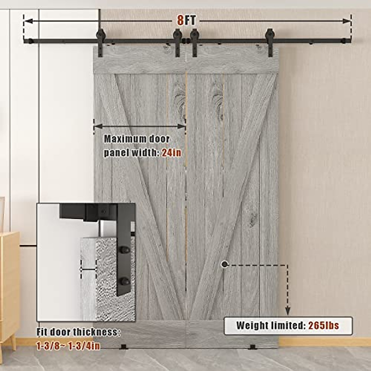 Dondelight 8FT Sliding Barn Door Hardware Track Kit for Double Door, Heavy Duty Modular Sliding Door Track Hardware Set for Interior & Exterior Door