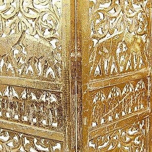 Deco 79 Wooden Scroll Handmade Partition Room Divider Screen Hinged Foldable Partition 4 Panel Privacy Screen with Carved Elephant Accents, Room Partition 80" x 1" x 72", Gold