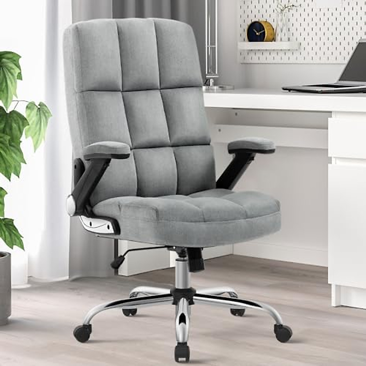 YAMASORO Velvet Office Chair High Back Executive Desk Chair with Flip-up Arms Modern Computer Chair with Wheels for Adult (Grey)