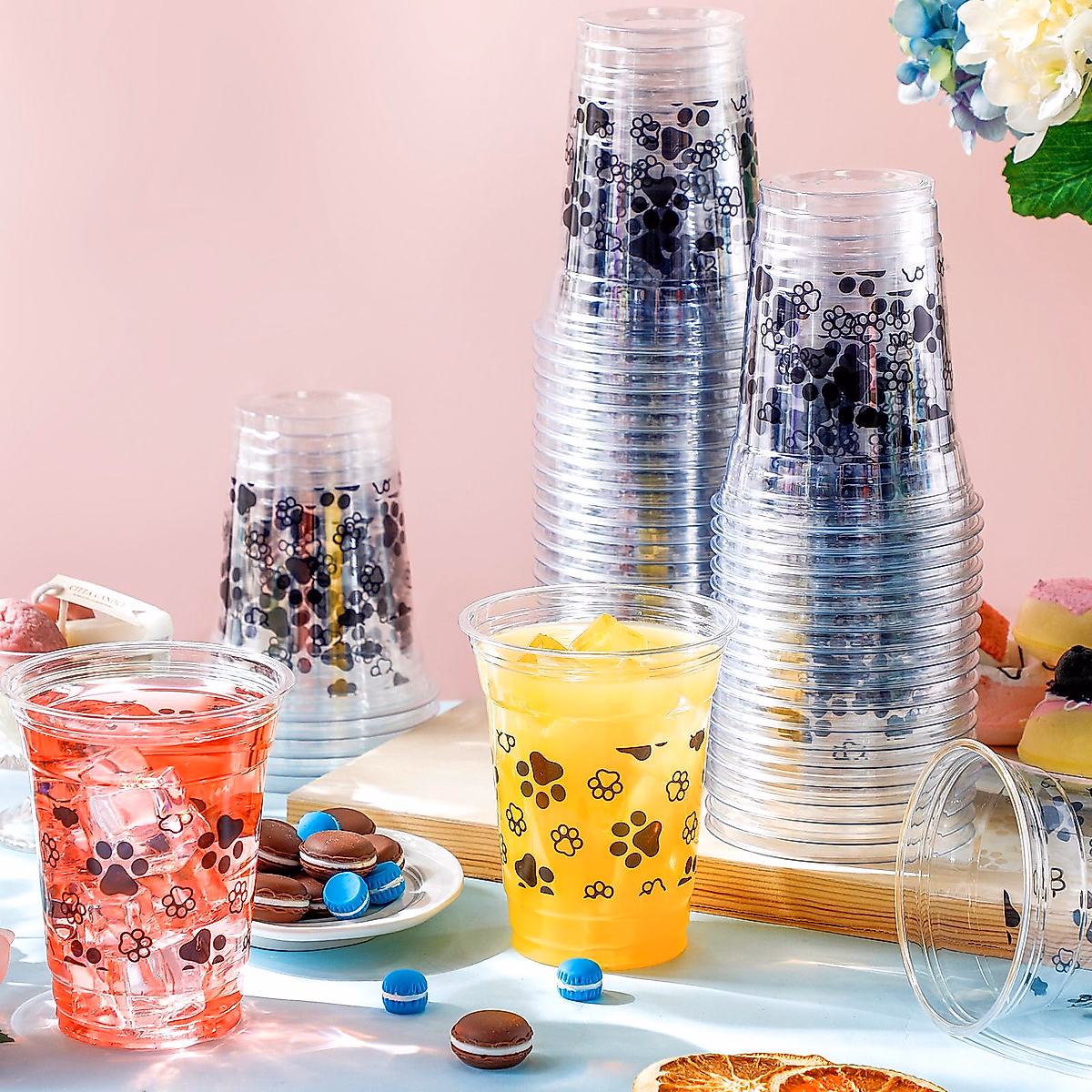 SiliFine 100 Pcs Dog Party Cups Bulk Puppy Paw Print Themed Cups 12 oz Disposable Clear Plastic Birthday Party Cups for Ice Coffee, Smoothie, Juice, Baby Shower Classroom Party Supplies