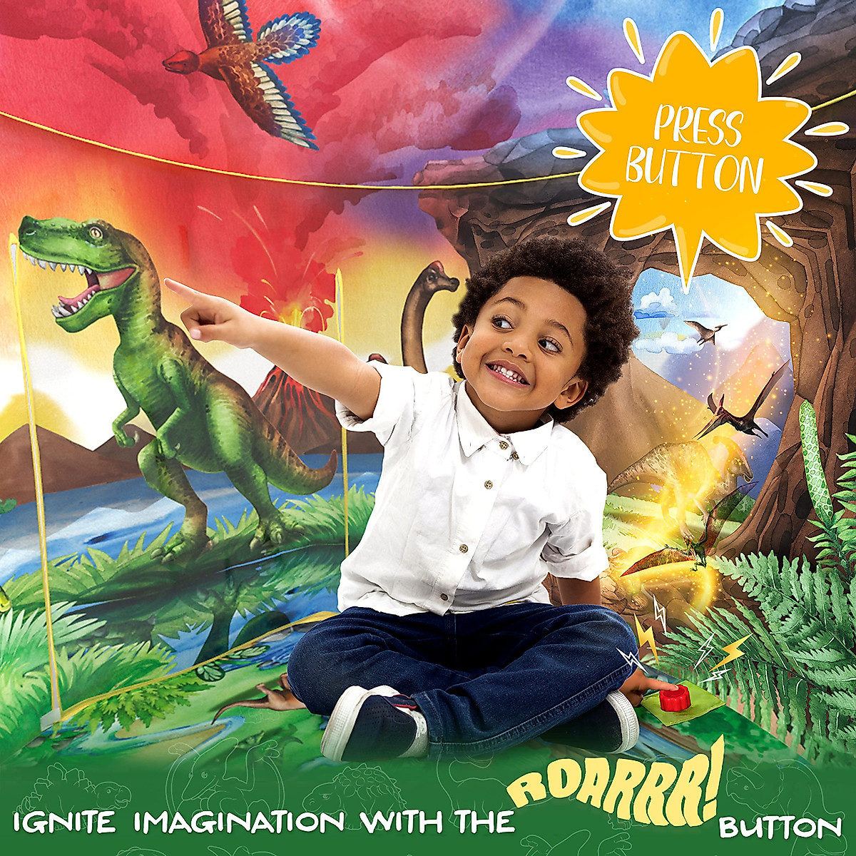 W&O Dinosaur Discovery Play Tent with Roar Button - Extraordinary Pop Up Tent for Boys & Girls - Perfect for Indoor & Outdoor Adventures