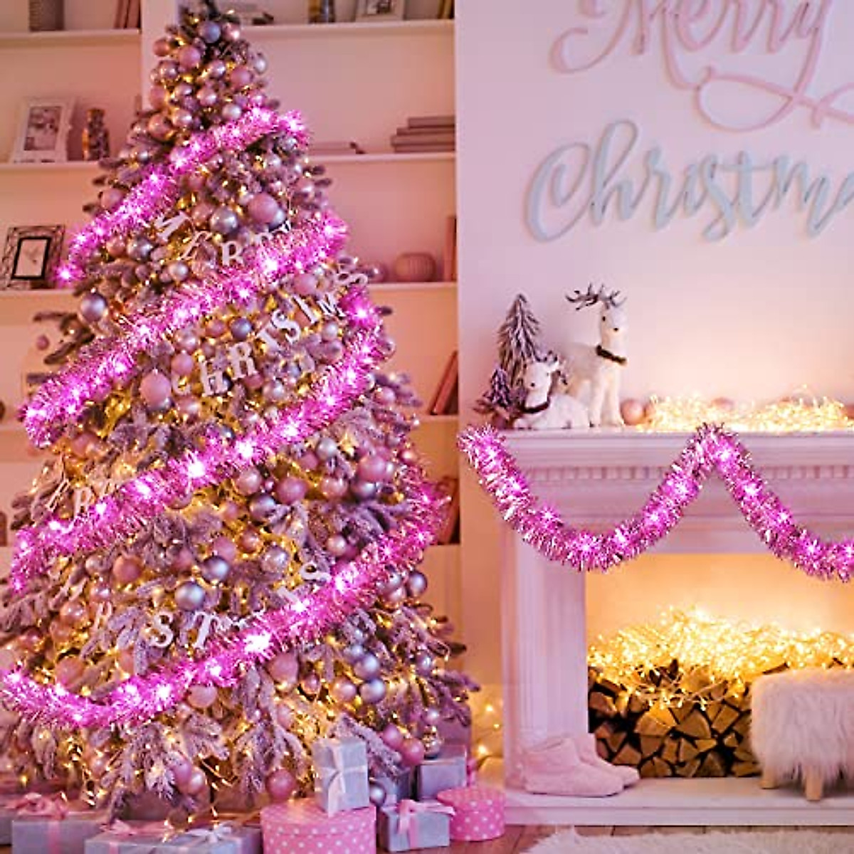 Canlierr 20 Feet Pink Christmas Tinsel Garland with LED Lights for Tree Hanging Decorations Party, Birthday, Weddings, Different Season Indoor Outdoor Events