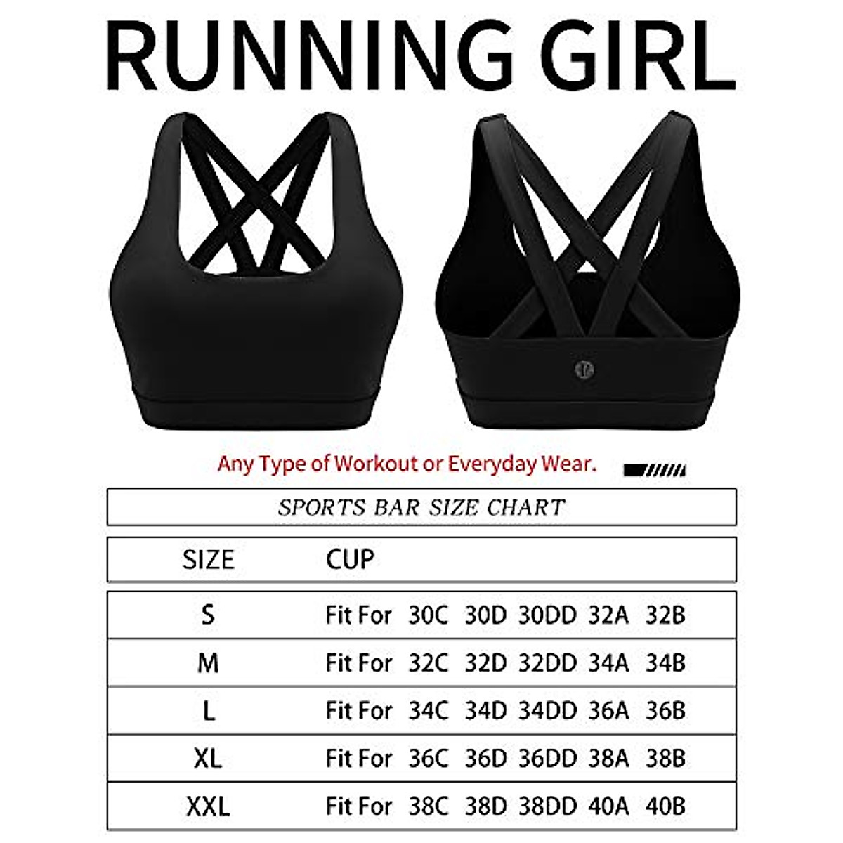 RUNNING GIRL Sports Bra for Women, Criss-Cross Back Padded Strappy Sports Bras Medium Support Yoga Bra with Removable Cups (WX2575.Black-1, L)