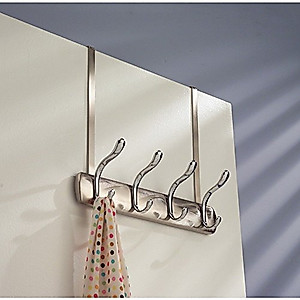 iDesign Bruschia Metal Over the Door Hanging 4-Hook Rack for Coats, Hats, Robes, Towels in Bathroom, Bedroom, Dorm, Entryway, 13" x 4.42" x 11.25", Brushed Nickel and Chrome