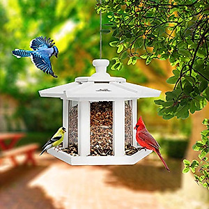 Solution4Patio White Wood Hexagon Gazebo Bird Feeder Hollow Mesh Tray, Large Capacity, Easy to Clean & Fill, 11.4" Dia. X 8.7" H #G-B121B00-US