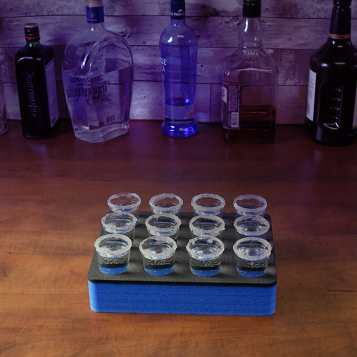 Polar Whale Shot Glass Holder Organizer Modern Tray for Home Kitchen Bar or Club Party Durable Blue and Black Durable Foam Serving Rack 10 Inches Wide Holds 12 Shots