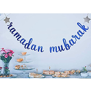 Blue Ramadan Kareem Banner with Silver Stars Hanging Banners Eid Festival Party Decoration