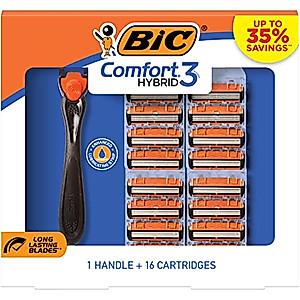 BIC Comfort 3 Hybrid Disposable Razors for Men, 1 Handle and 16 Cartridges With 3 Blades, 17 Piece Razor Kit for Men