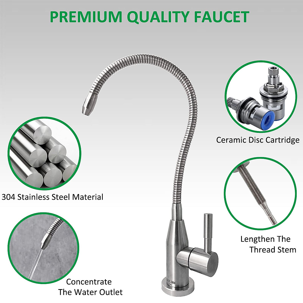 Drinking Water Faucet with Flexible Gooseneck, 360 Degree Rotatable Water Filter Faucet, Kitchen Bar Sink Faucet Lead-Free Cold Water Faucet - Brushed Finish Stainless Steel