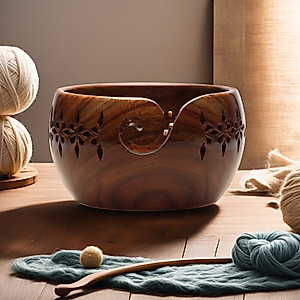 Vriksha Kraft Wooden Yarn ball holder – Large Yarn Bowl for Crocheting (7x4) – Crochet Bowl with Carved Holes – Handmade Knitting Storage Bowl – Crafting Gifts for Women and Wife