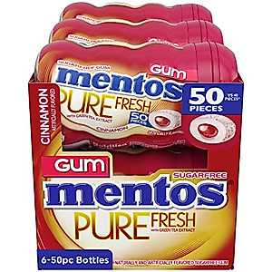 Mentos Pure Fresh Sugar-Free Chewing Gum with Xylitol, Cinnamon, Bulk, 50 Piece Bottle (Pack of 6)