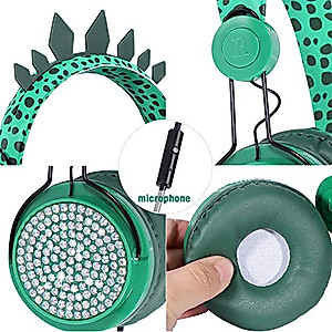 Kids Headphones Boys, Wired Dinosaur Headphones w/Mic 3.5mm Jack & Adjustable Headband & Tangle-Free Cord, Over On Ear Headset for School Birthday Xmas, w/1pc Dinosaur Party Bag, Green