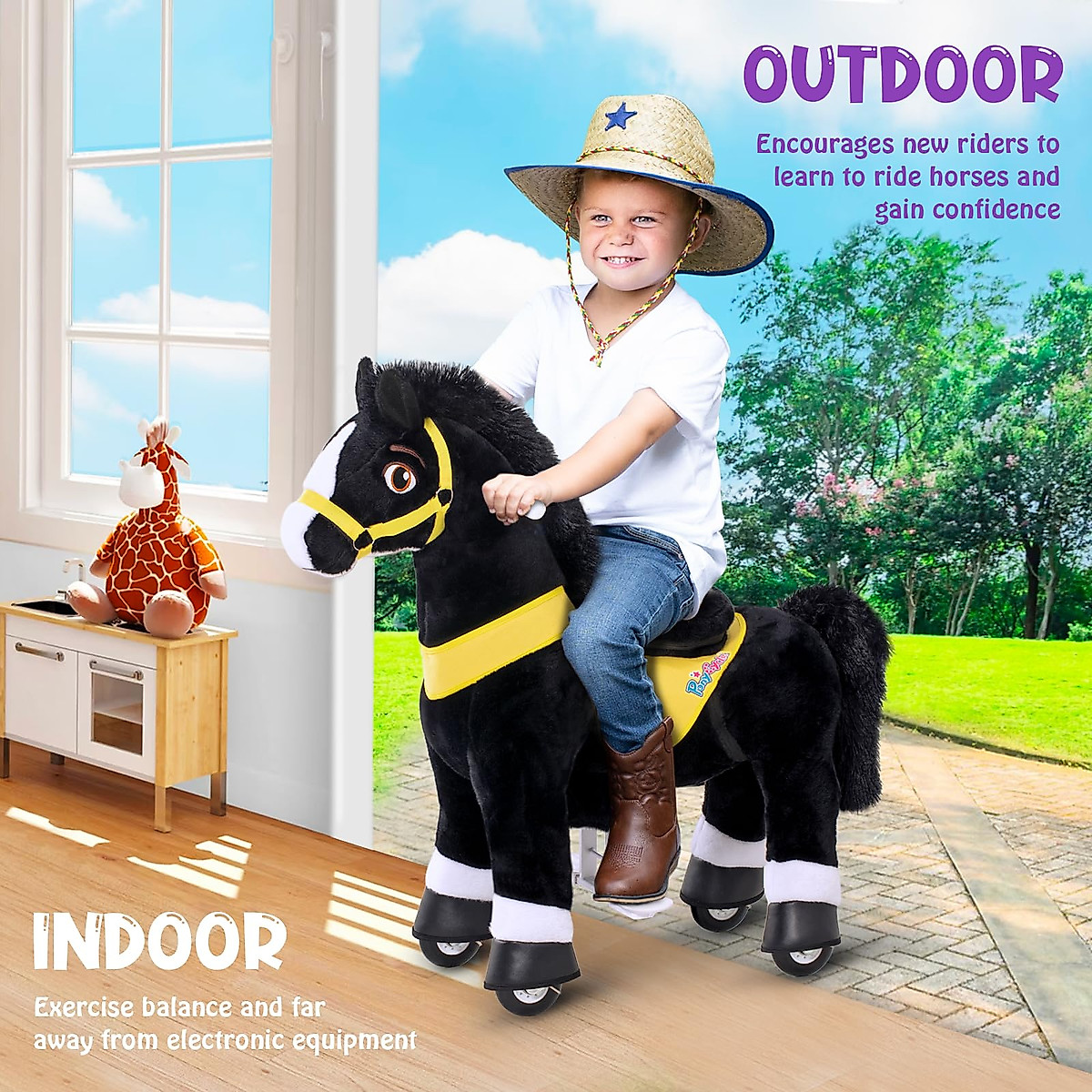 PonyCycle Pony Cycle 3-5 Authentic Ride on Toys Riding Horse Toys (with Brake/ 30" Height/Size 3) Riding Pony Rider Bouncy Animals Rocking Horse Black Walking Horse E338